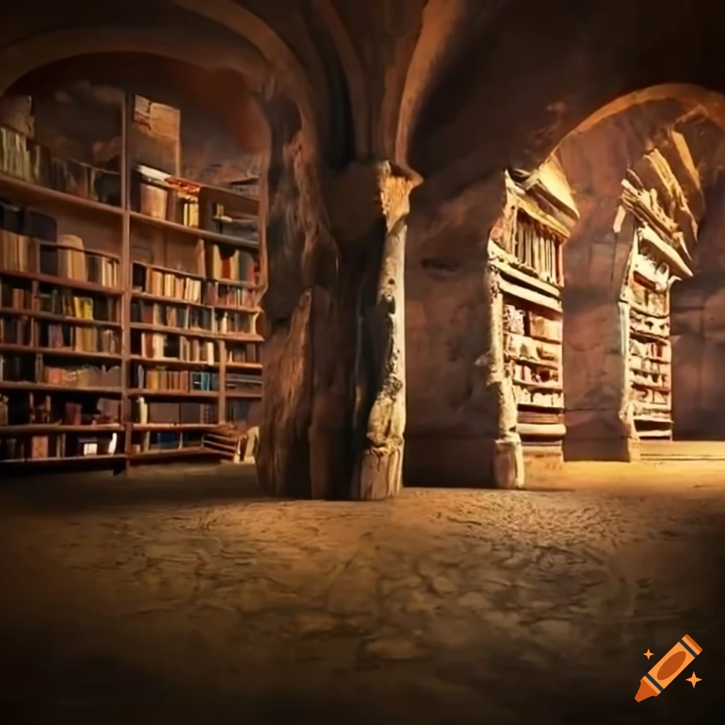 Remote cave library with ancient books and stone floor on Craiyon