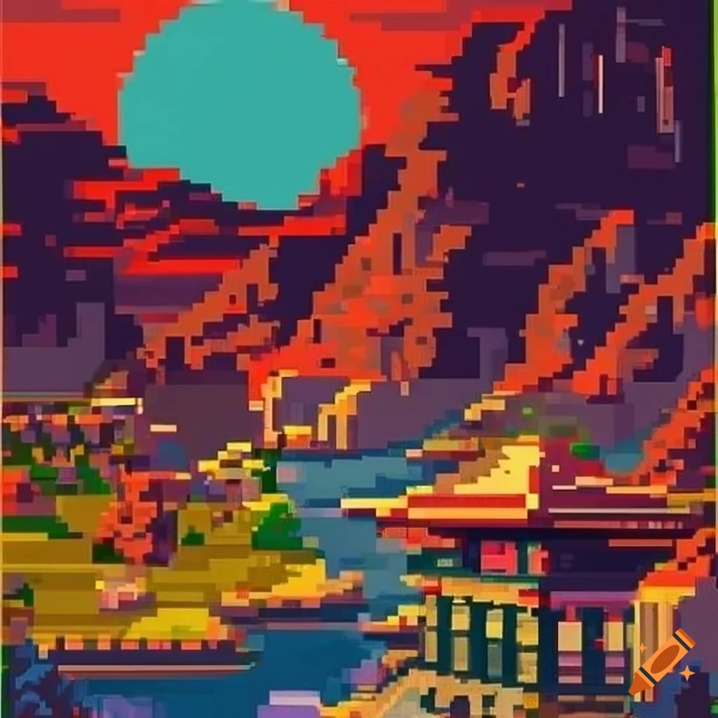 Pixel art sega genesis inspired vintage asian travel poster on Craiyon