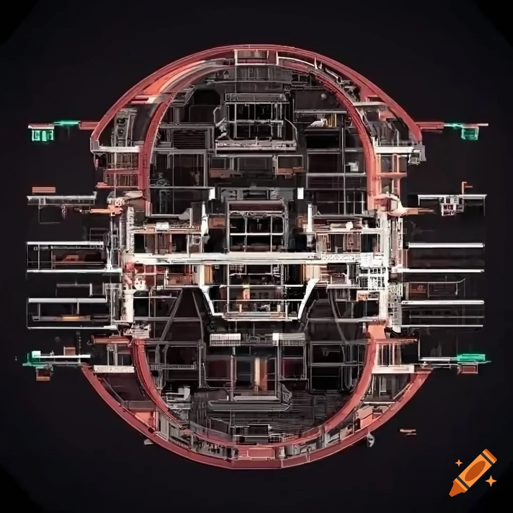 Intricate blueprint of futuristic multi-level space station on Craiyon