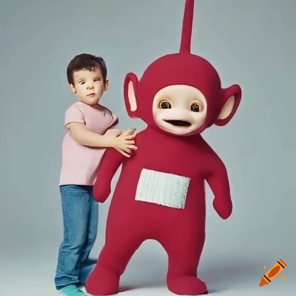 Female teletubby offering piggyback ride to a boy on Craiyon