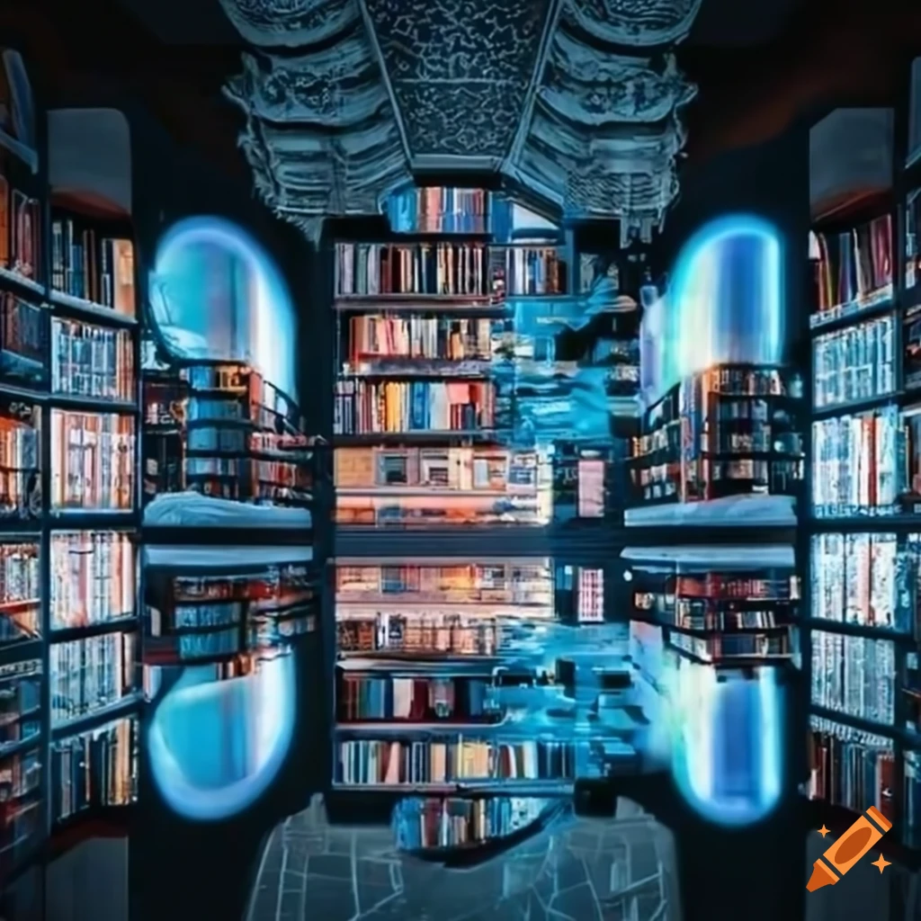 Space library with holographic books on Craiyon