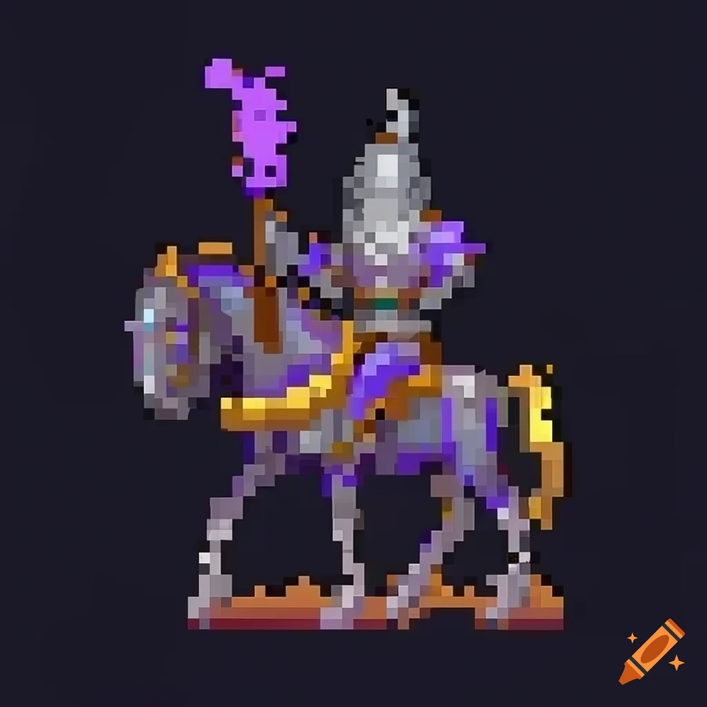 Pixel art of a wizard knight riding a horse on Craiyon