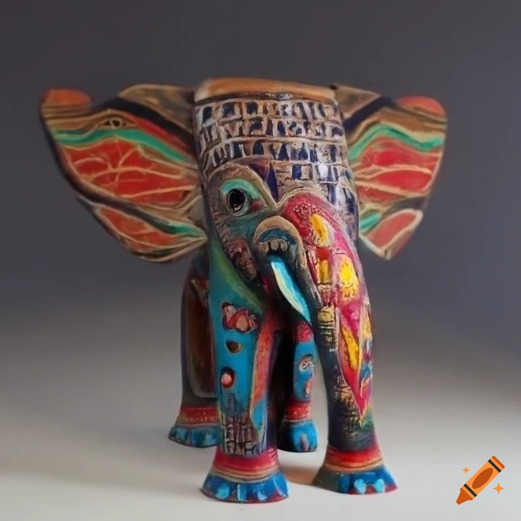 Wooden elephant with small colorful markings in Bali primitive art ...