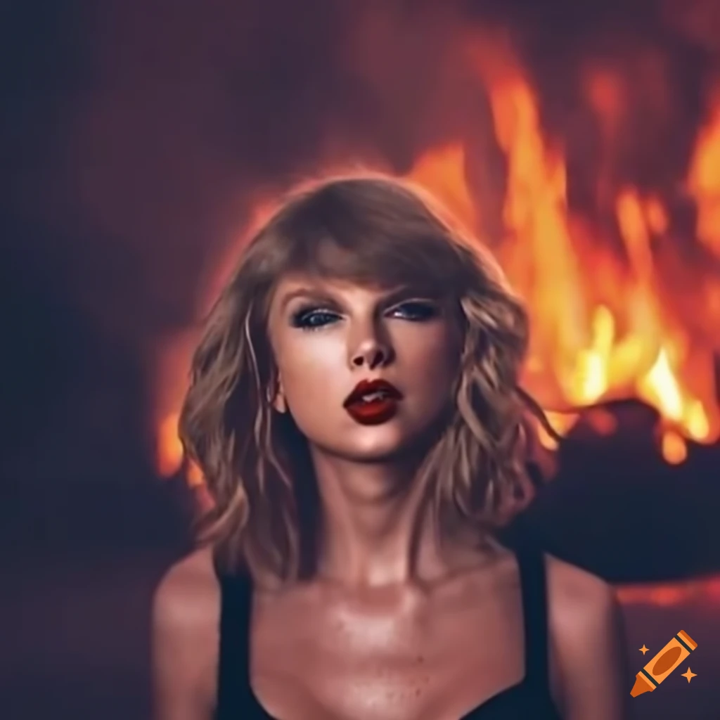 Taylor swift performing in front of a fiery backdrop on Craiyon