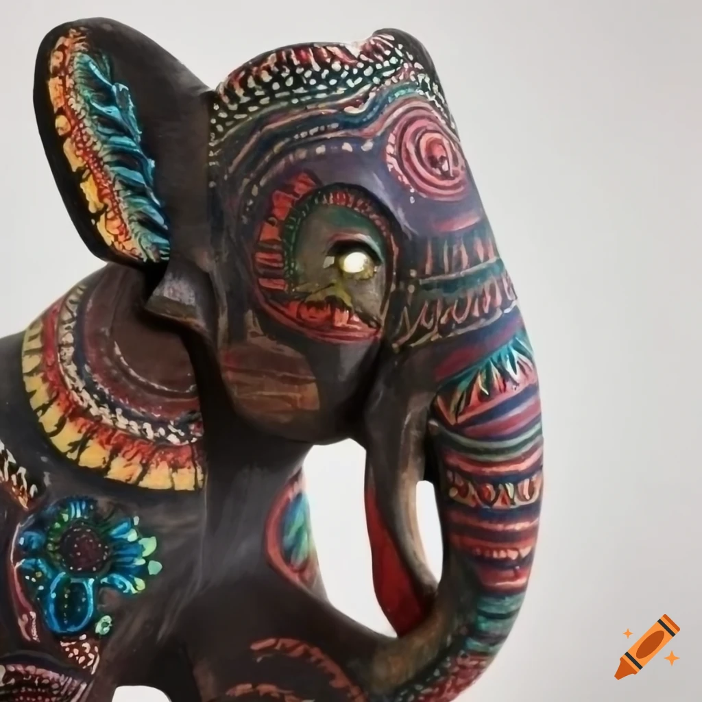 Wooden elephant with colorful markings in Bali primitive art style on ...