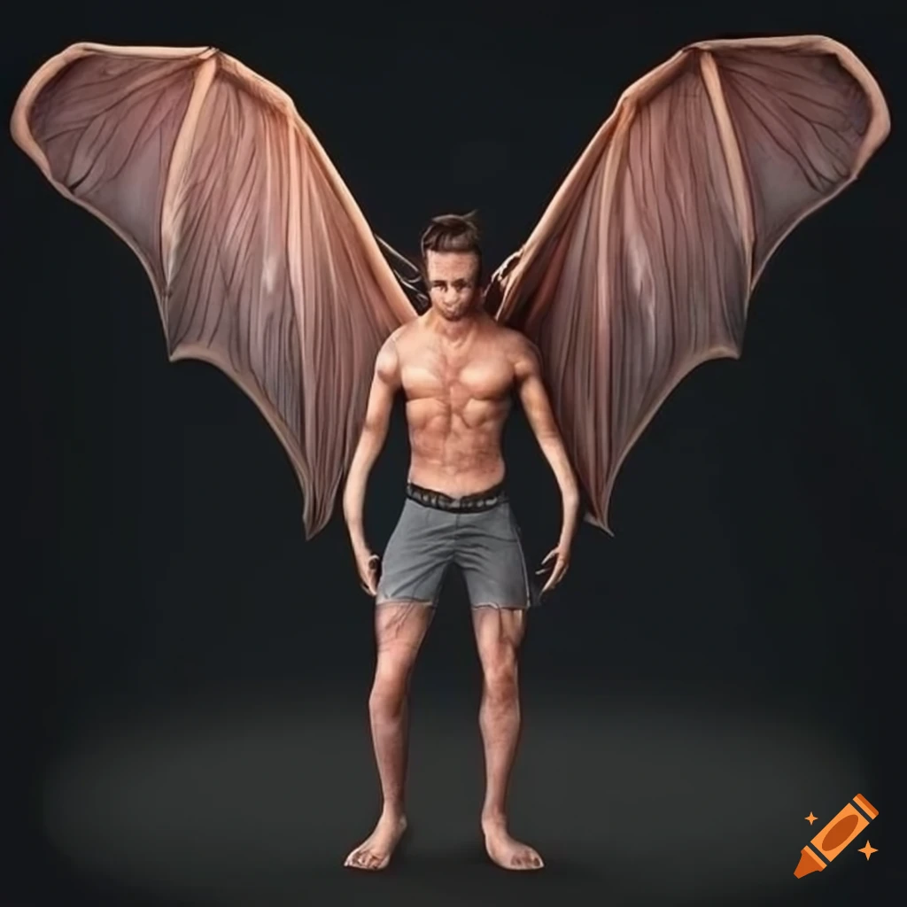 Man with large bat wings on his back on Craiyon