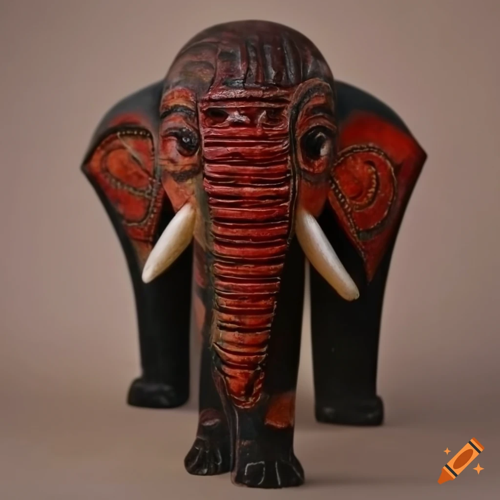 Wooden elephant statue with red and gold accents in Bali primitive art ...