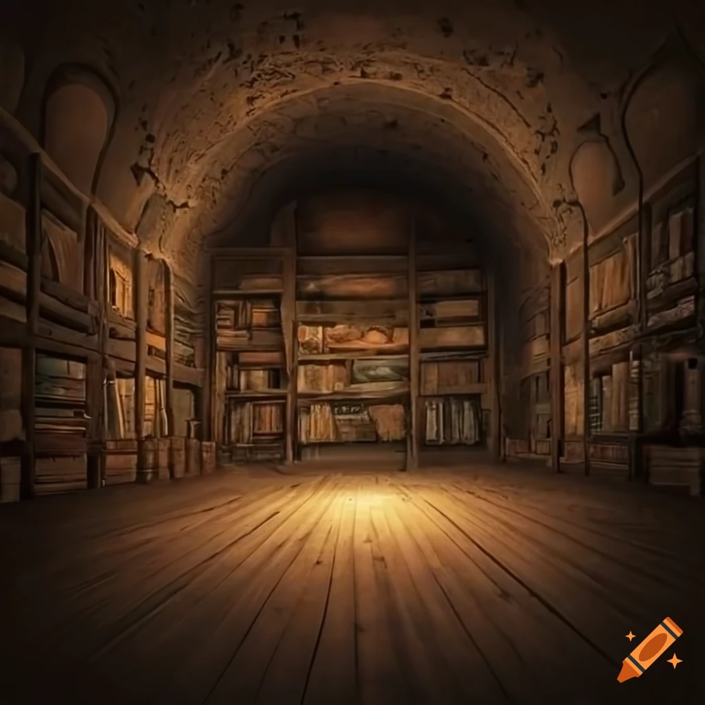 Spacious cave room with old shelves filled with books and parchments on ...