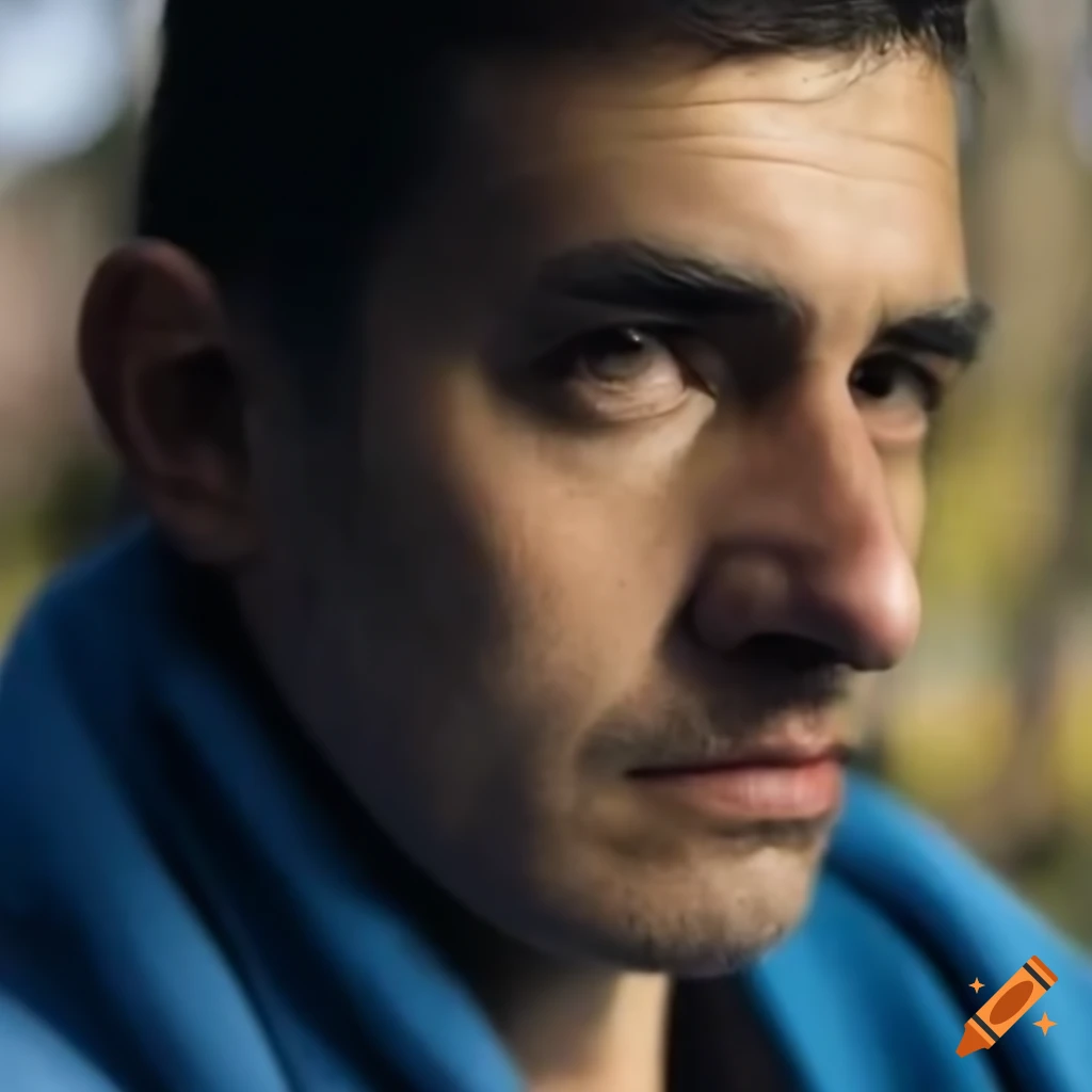 Greek man in blue robe standing in bright sunlight on Craiyon