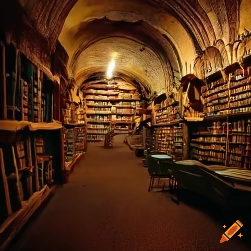 Remote cave library with ancient books on Craiyon
