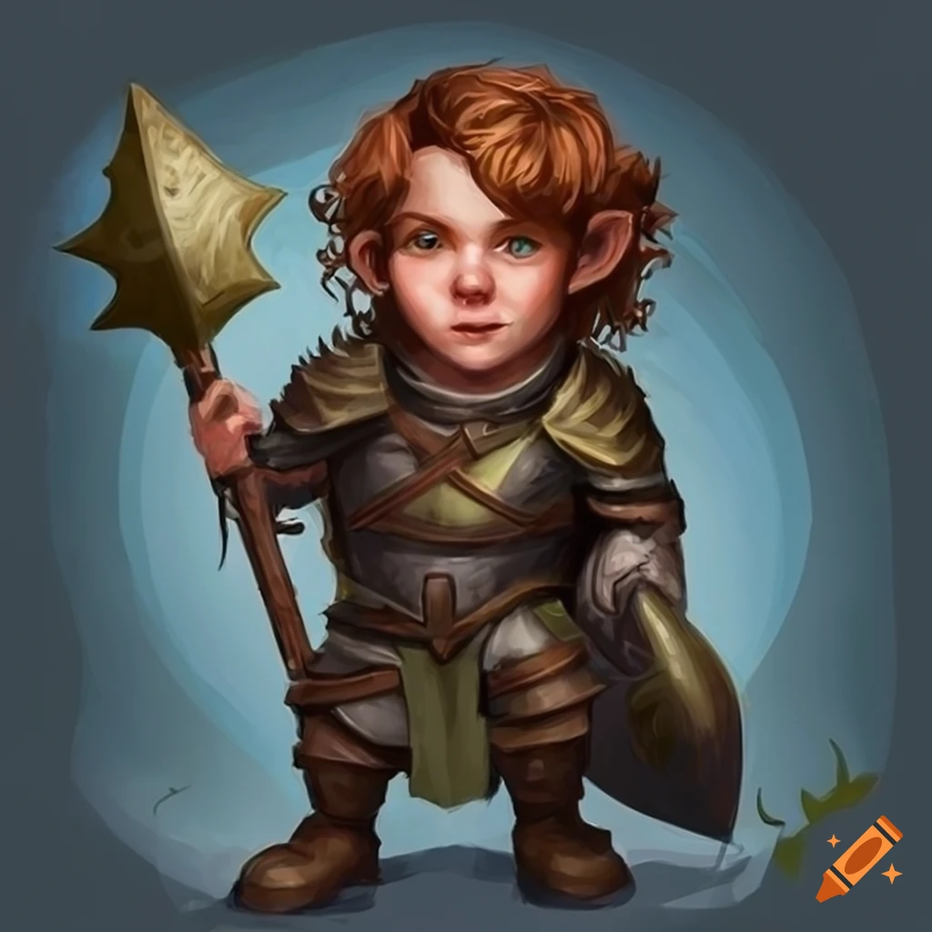 Armored male halfling fighter with shield and morning star weapon on ...