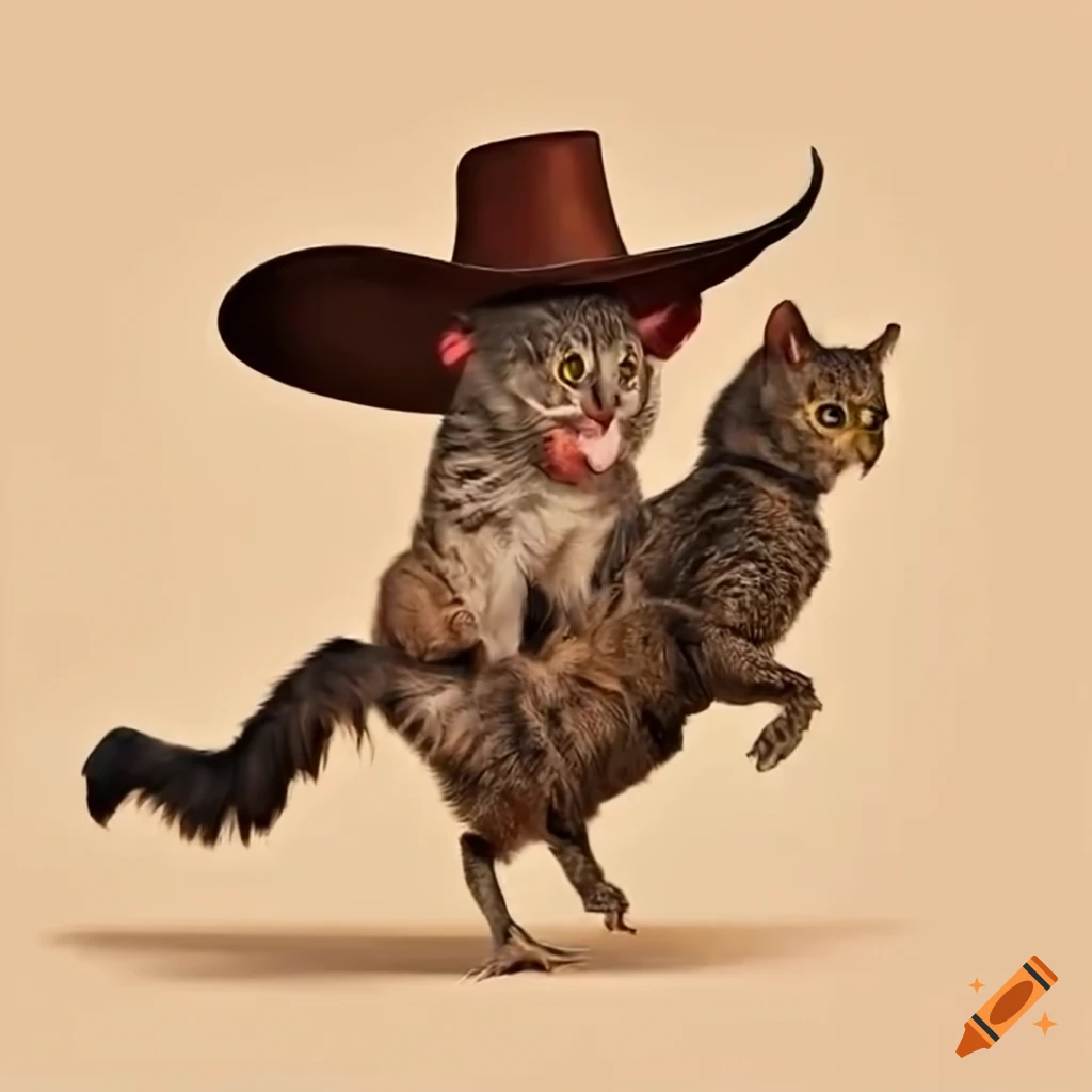 Chicken with a cat wearing a cowboy hat riding on its back on Craiyon