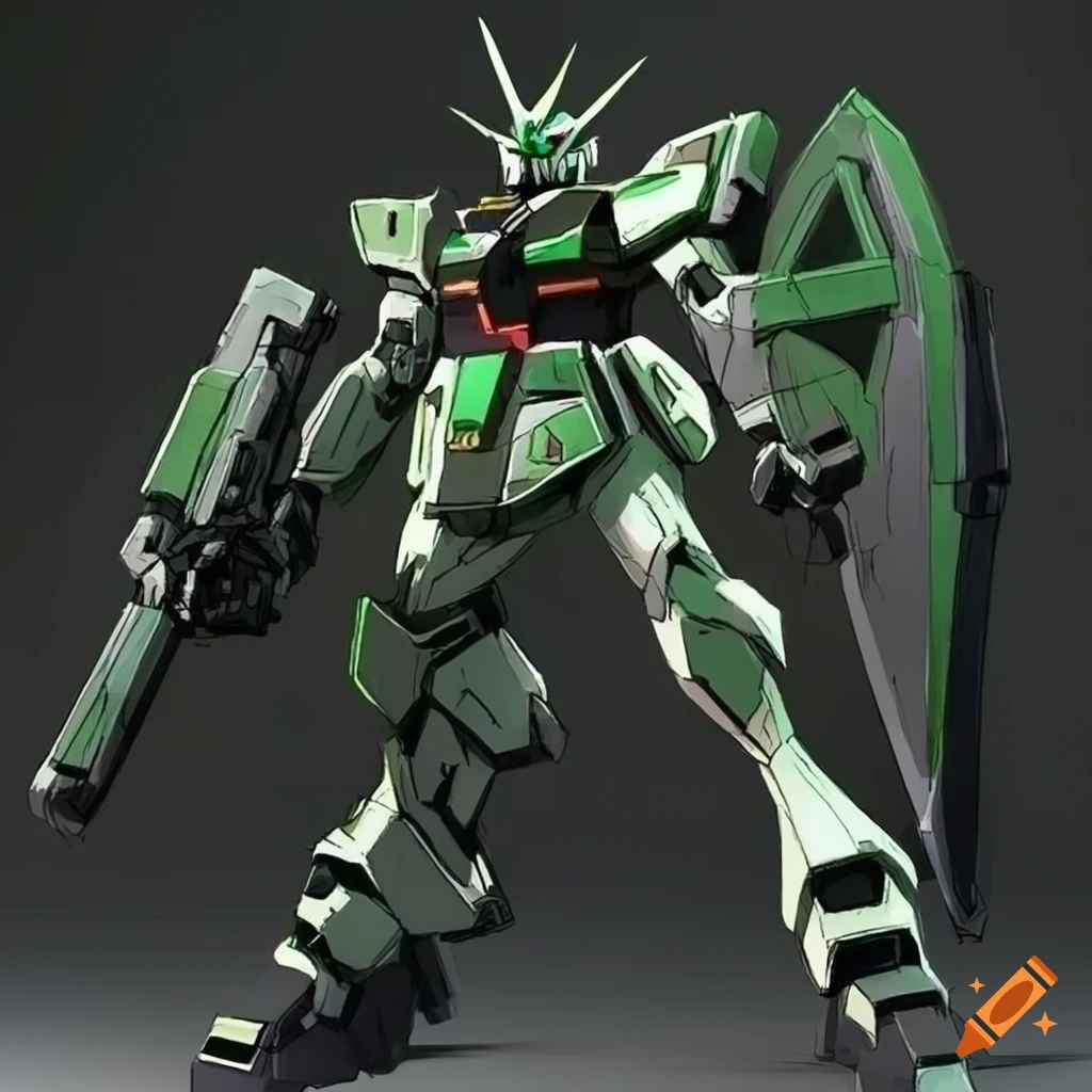 Armored Gundam with rifle and oversized shield on Craiyon