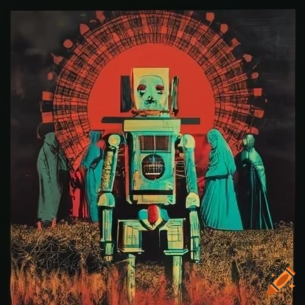 Epic retro horror movie poster with a robot and people in robes under ...