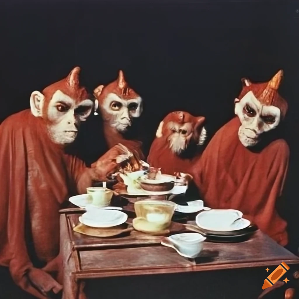 Group of monkeys drinking tea at a table with a man in a devil costume ...