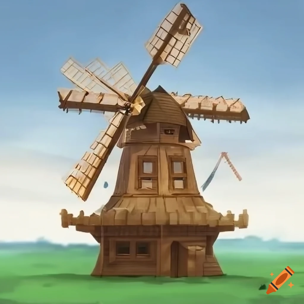 Anime-style one-storey wooden windmill with high detail on Craiyon