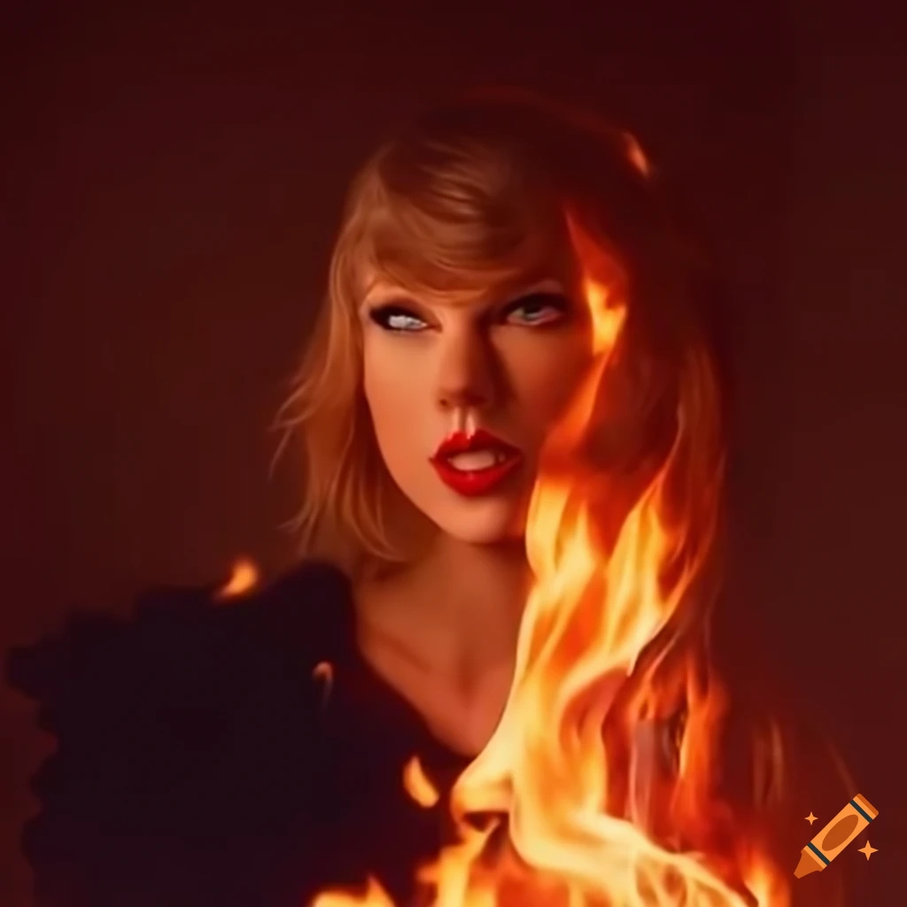 Taylor swift performing in front of a fiery backdrop on Craiyon