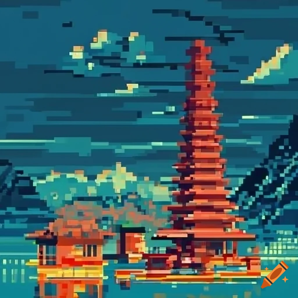 Pixel art with sega genesis inspired vintage asian travel poster style ...