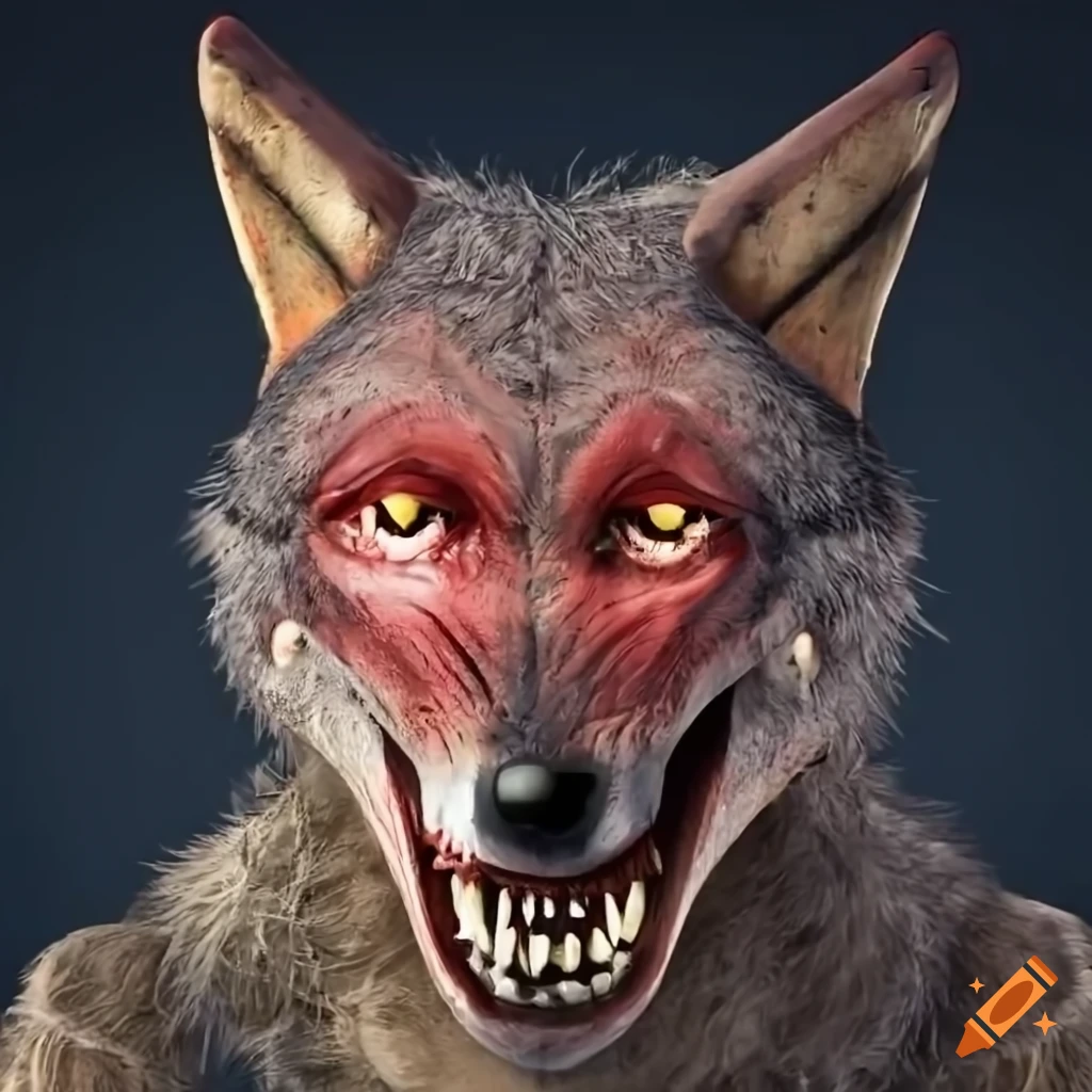 Wolf animatronic with red fur and sharp teeth in a macabre pose on Craiyon