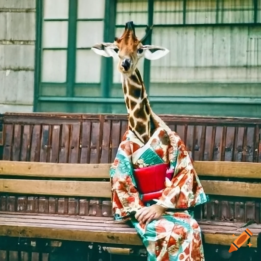 Anthropomorphic giraffe at a train station wearing a kimono on Craiyon