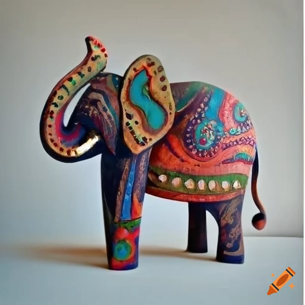 Wooden elephant with colorful markings in a primitive art style on Craiyon