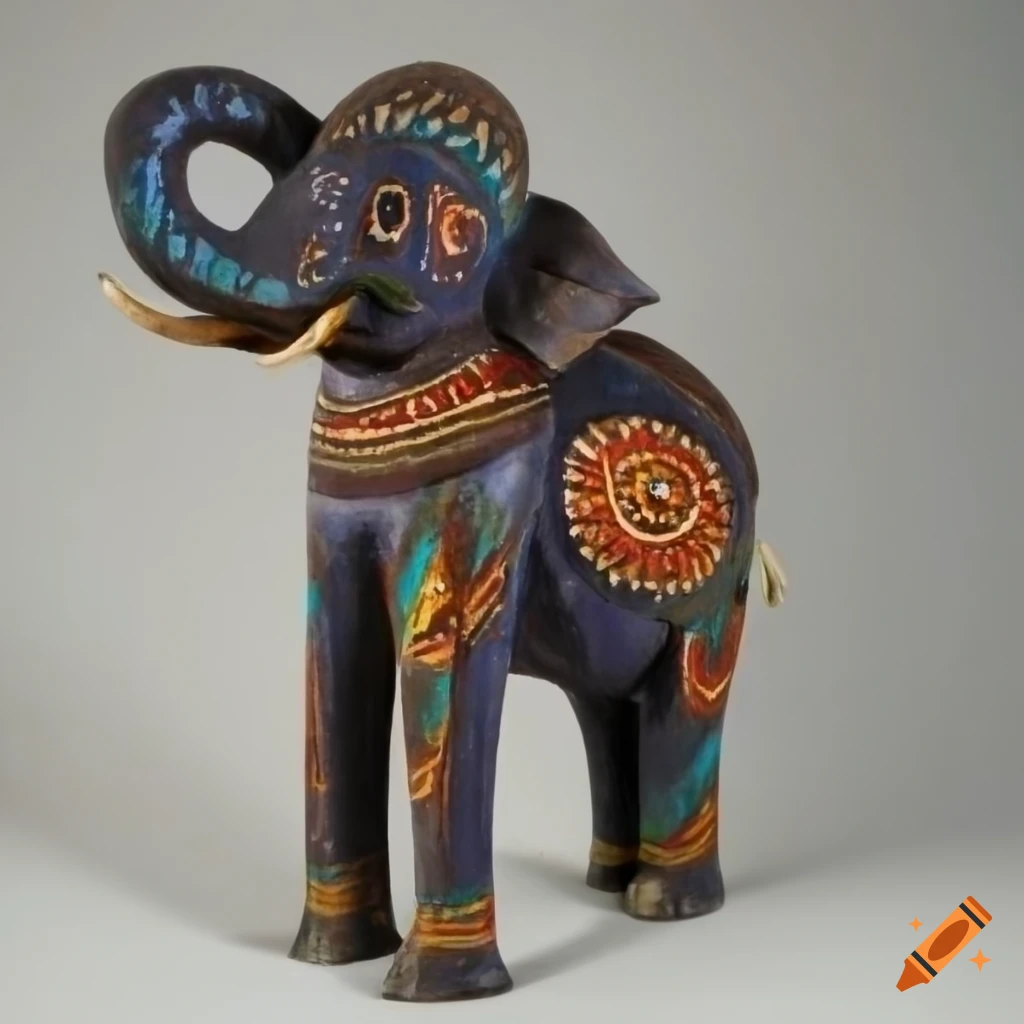 Wooden elephant figurine with colorful markings in Bali primitive art ...