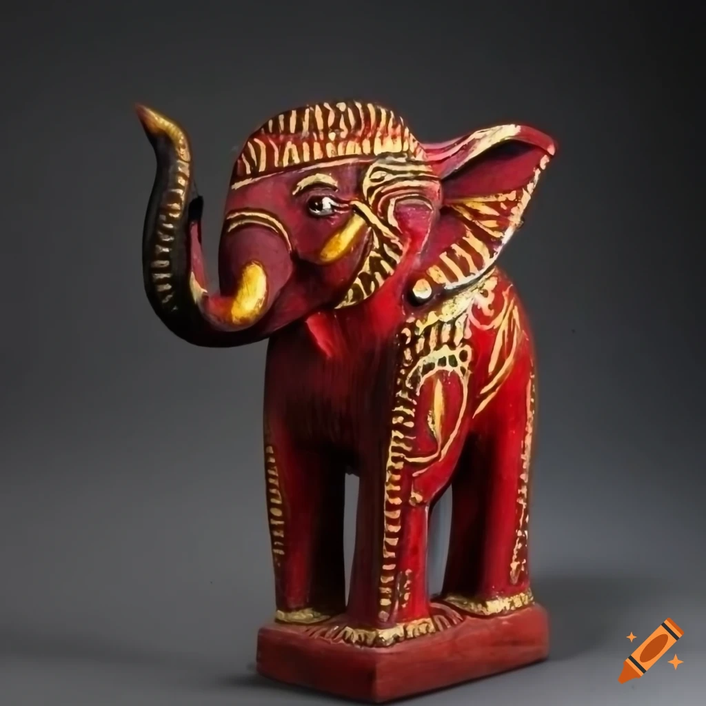 Wooden elephant statue with dark red and golden markings in Bali ...