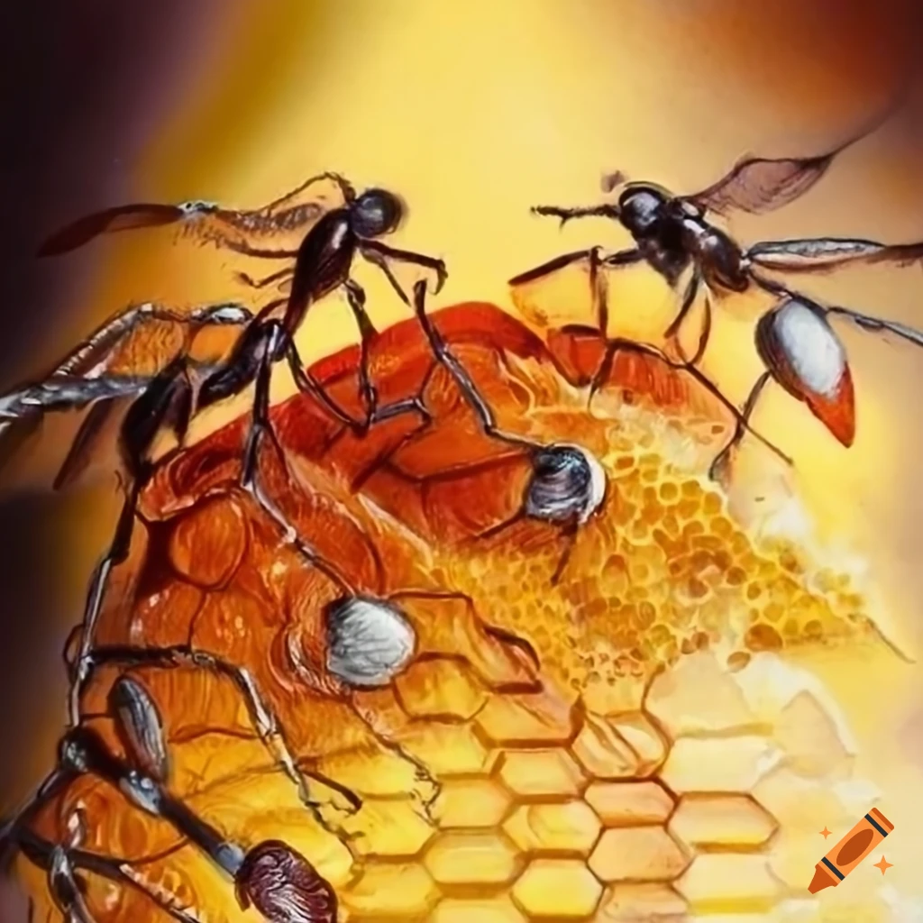 Colored pencil art of amber stones, insects, beeswax honeycomb, and ...