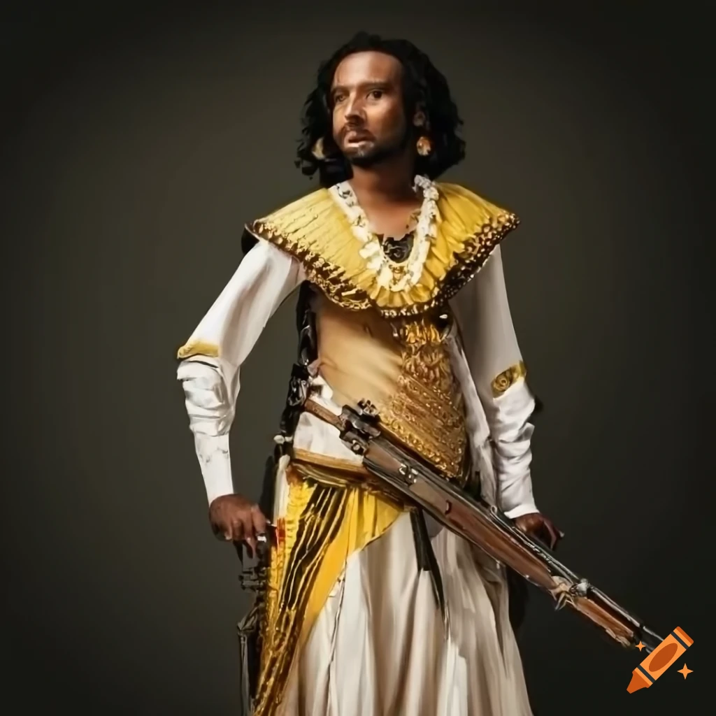 Soldier in victorian-era attire with ethiopian influences holding rifle on Craiyon
