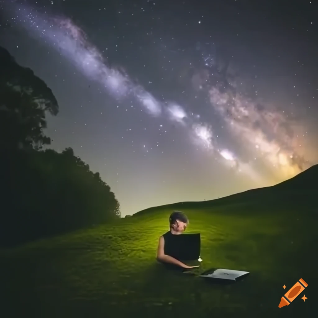Young coder working on laptop in nature setting with night sky and cup ...