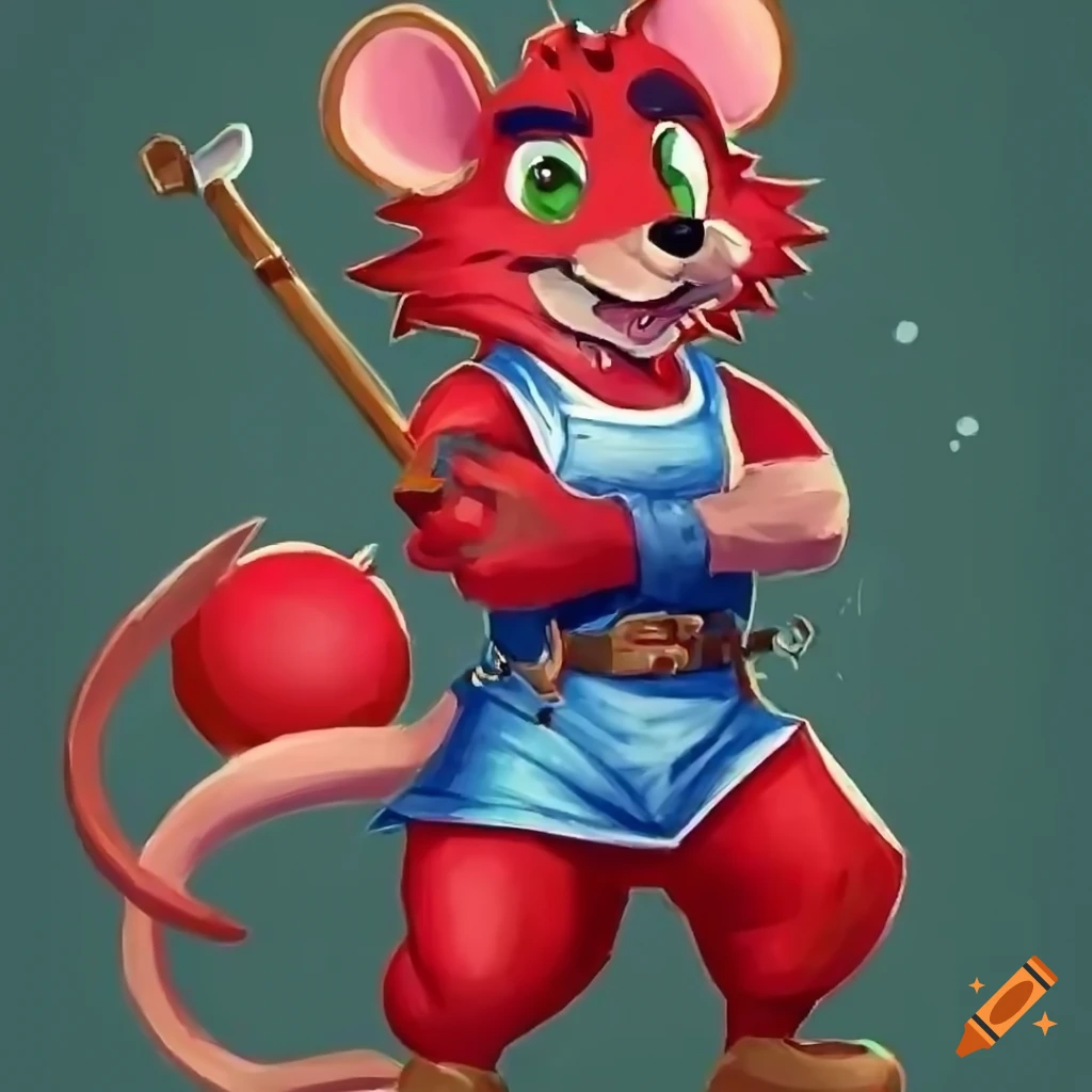 Storybook anthro mouse in a blacksmith outfit with red fur, green eyes ...