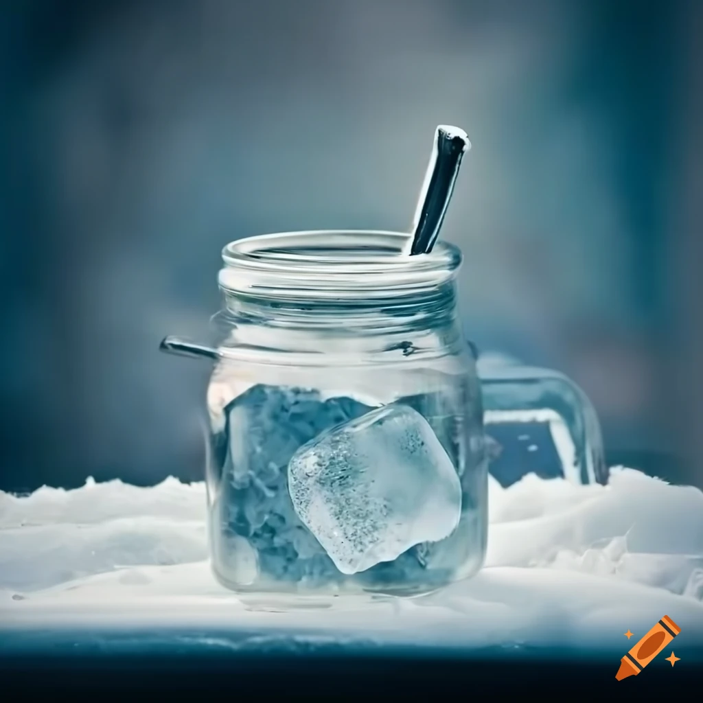 Jar with ice cubes on window sill in snowy landscape on Craiyon