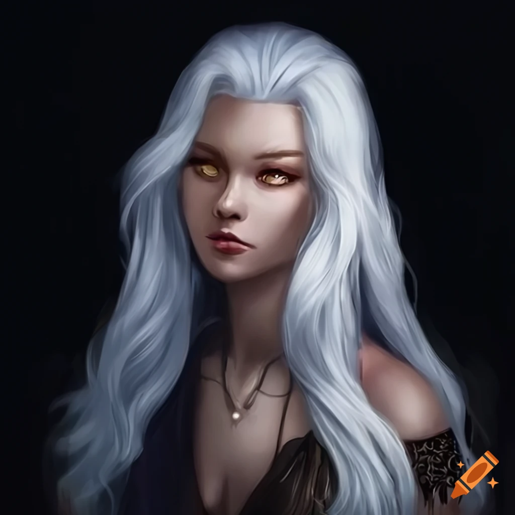 Wise witch with white hair in a fantasy world on Craiyon