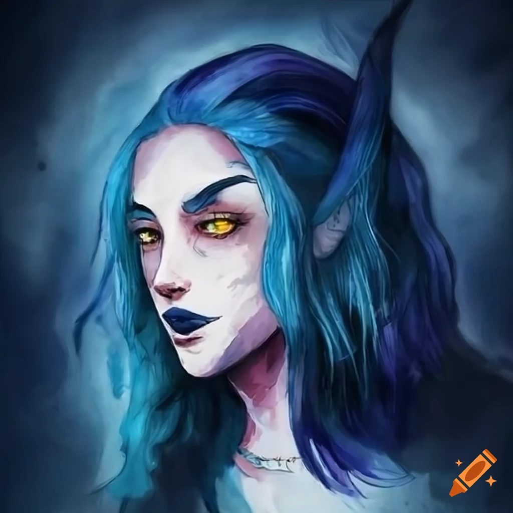 Wizard with black hair and blue skin on Craiyon