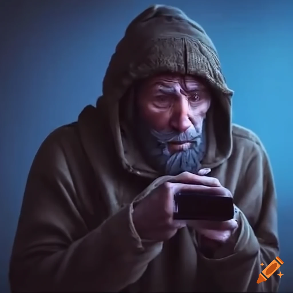Homeless man working on video editing on Craiyon