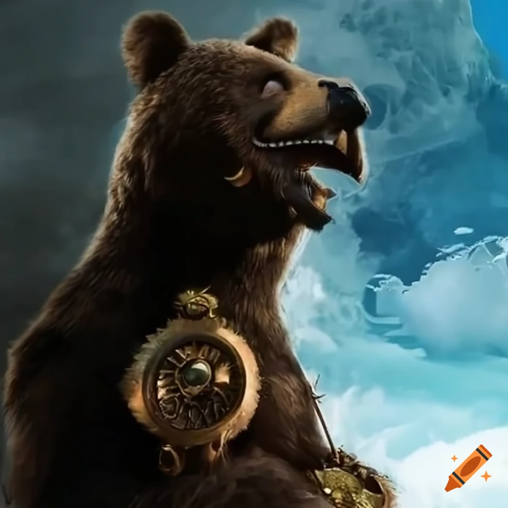 Steampunk bear leading a ceremony on a mountaintop on Craiyon