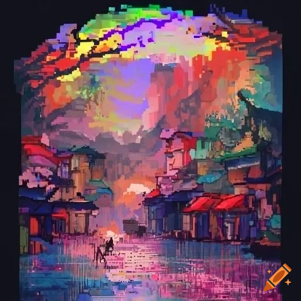 Pixel art with dithering technique and colorful ink traditional art ...