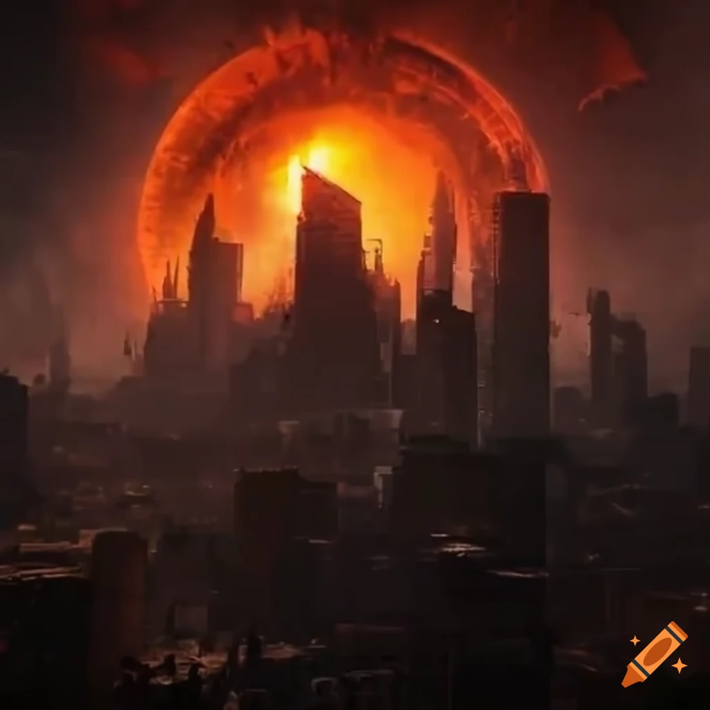 Destroyed dystopian city with a distant fire in hd cinematic quality on ...