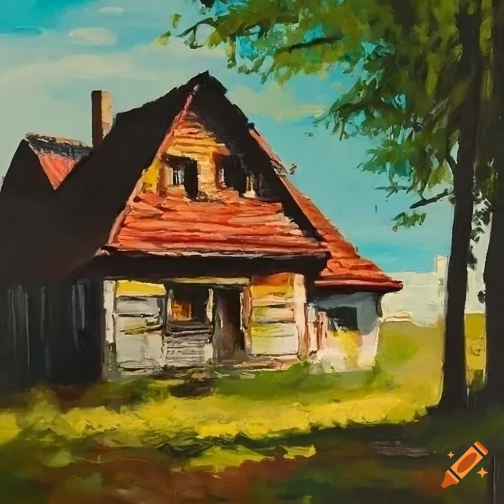Zhostovo painting of a house in the countryside with a vintage feel on ...