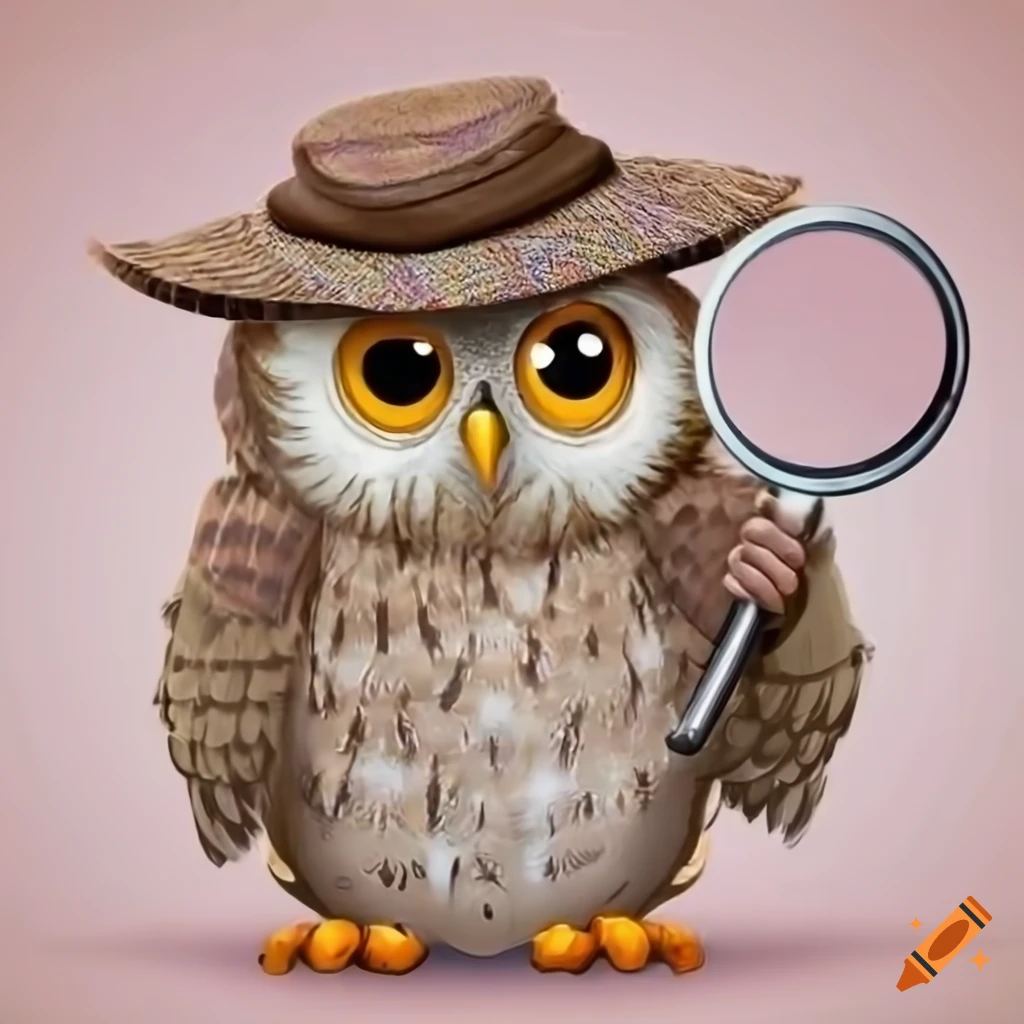 Cute owl detective with magnifying glass and tweed hat, inspired by ...