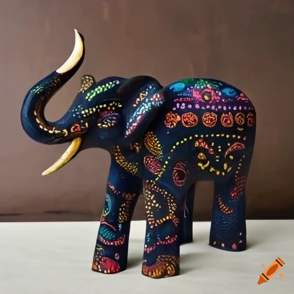Wooden elephant with colorful markings in Bali primitive art style on ...