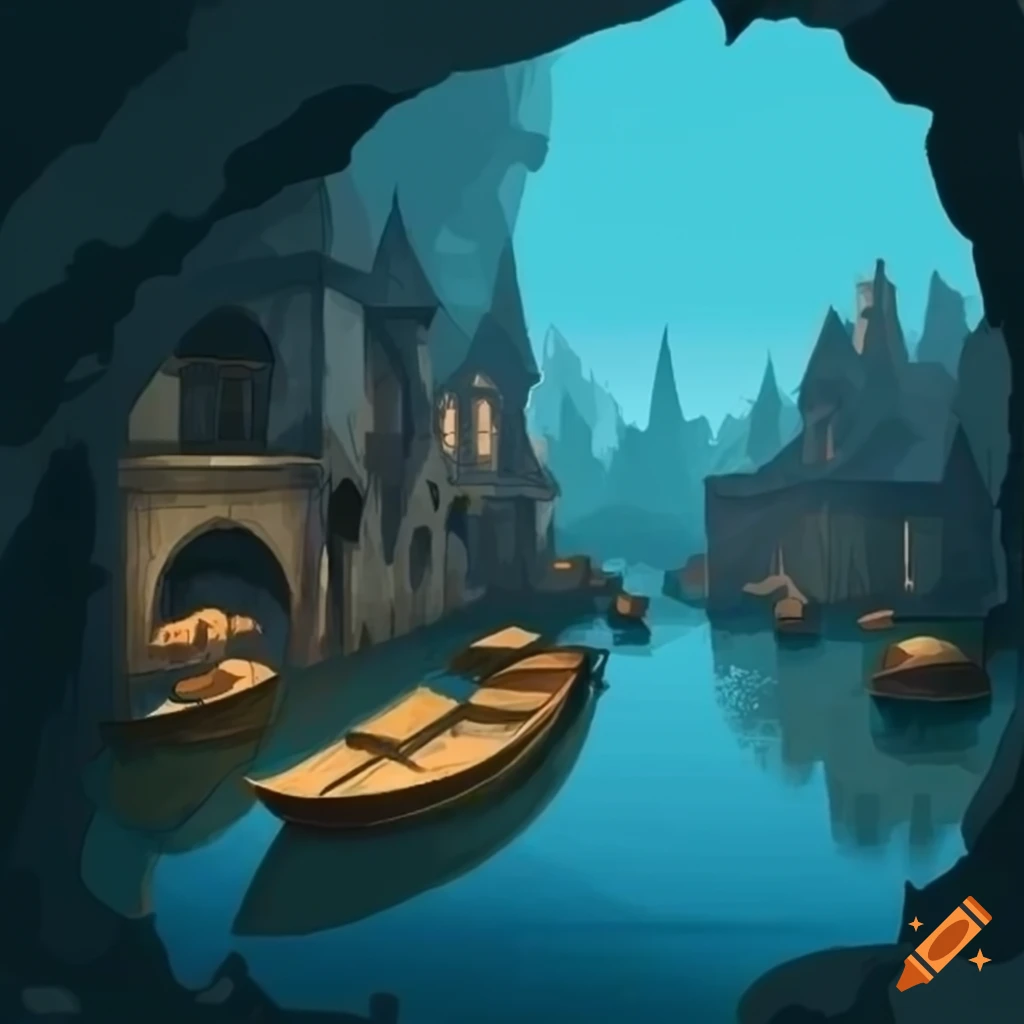 Medieval town inside a cave with lanterns and river with boats on Craiyon