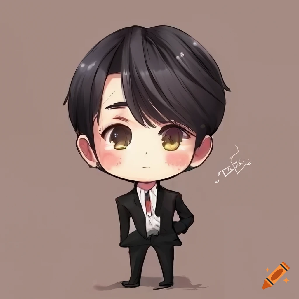 Chibi anime-style Korean male CEO with oval face, black parted hair ...