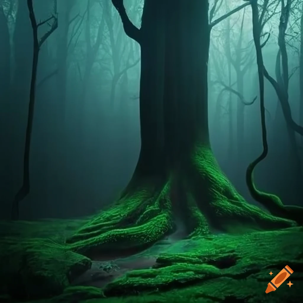 Dark foreboding fairytale forest scene on Craiyon
