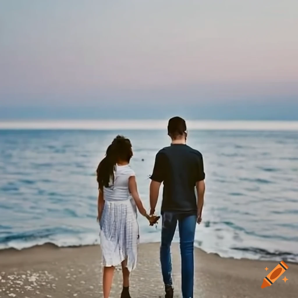 Romantic couples strolling hand in hand by the coast on Craiyon