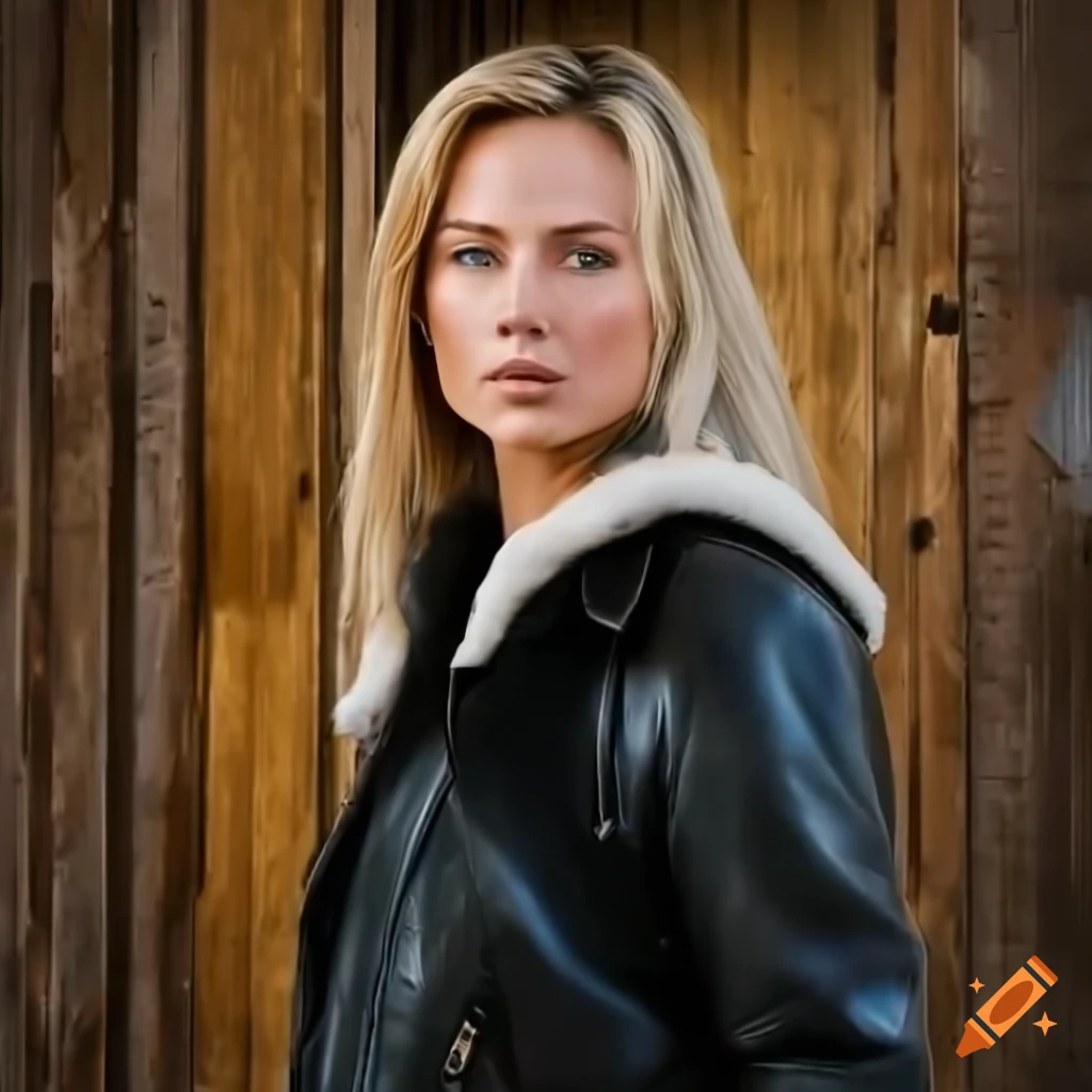 Blonde british actress in a sheepskin bomber jacket and high-waist ...