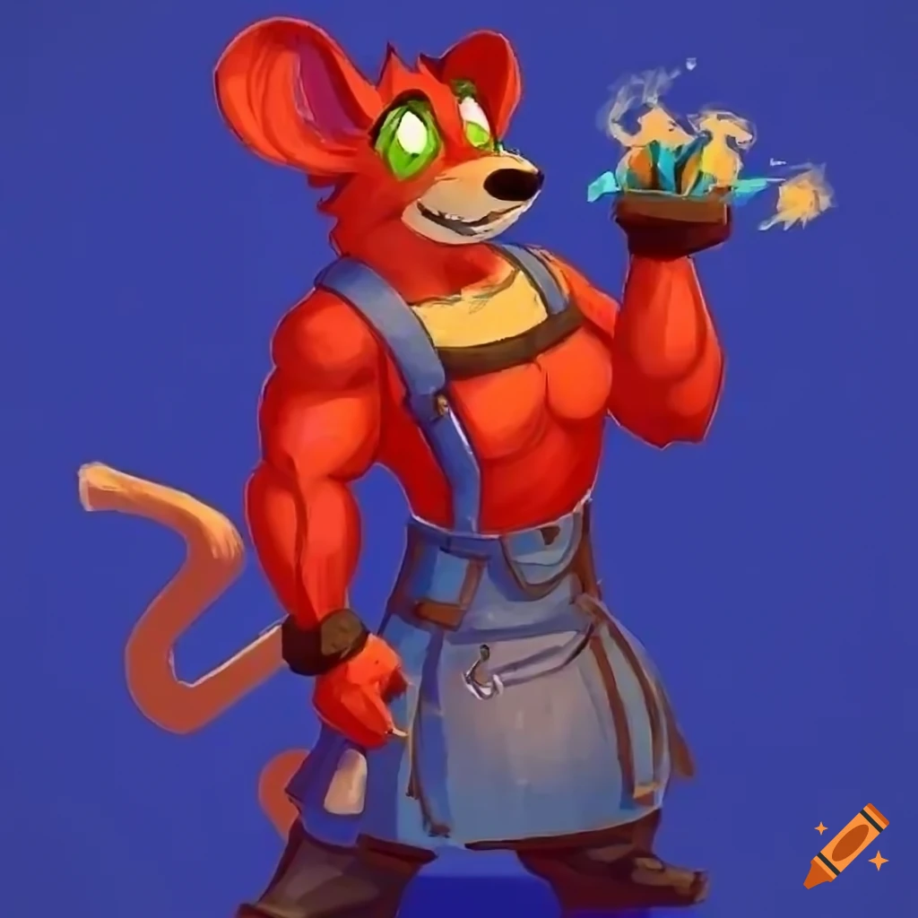 Anthro mouse with red fur in blacksmith outfit in acrylic painting ...