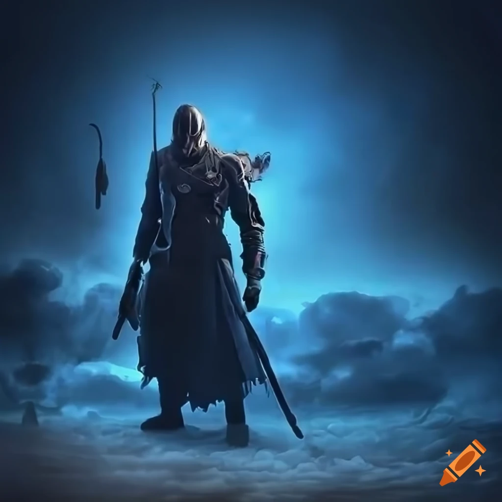 Artwork in warm blue colors with the name 'custom legends' against a ...