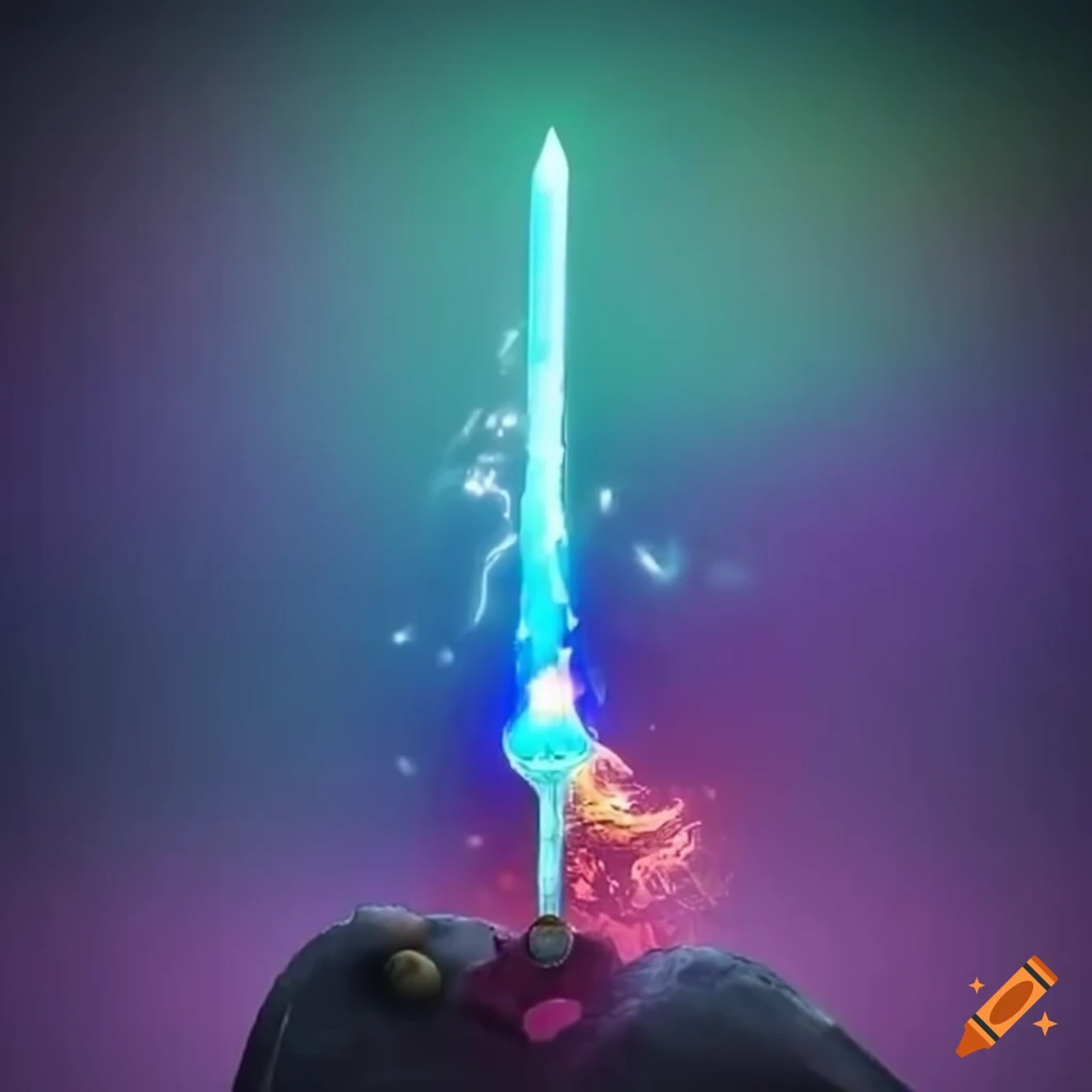Sword in a stone surrounded by a magical rainbow aura on Craiyon