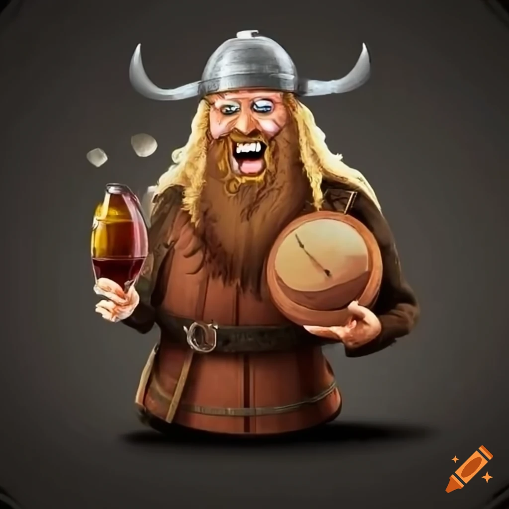 Happy viking enjoying wine from a barrel on Craiyon